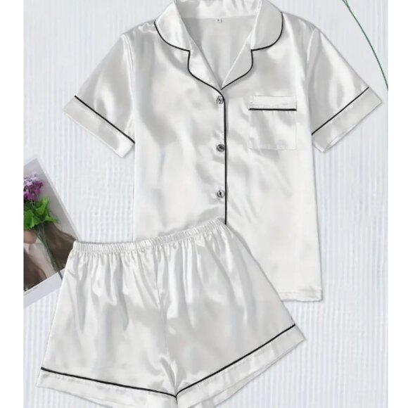 Intimates & Sleepwear | Womens White Satin Short Sleeve Shorts Lapel ...